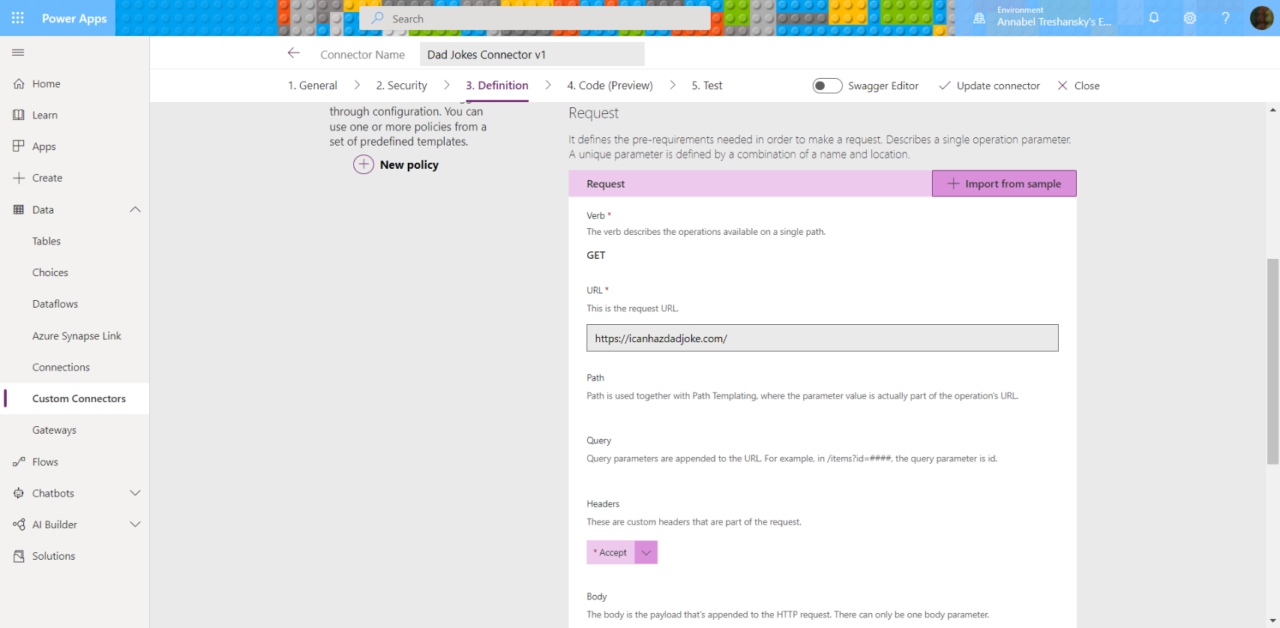 Making A Dad Jokes App Using Rest Apis And Power Apps Custom Connectors Annabel Treshanskys Blog
